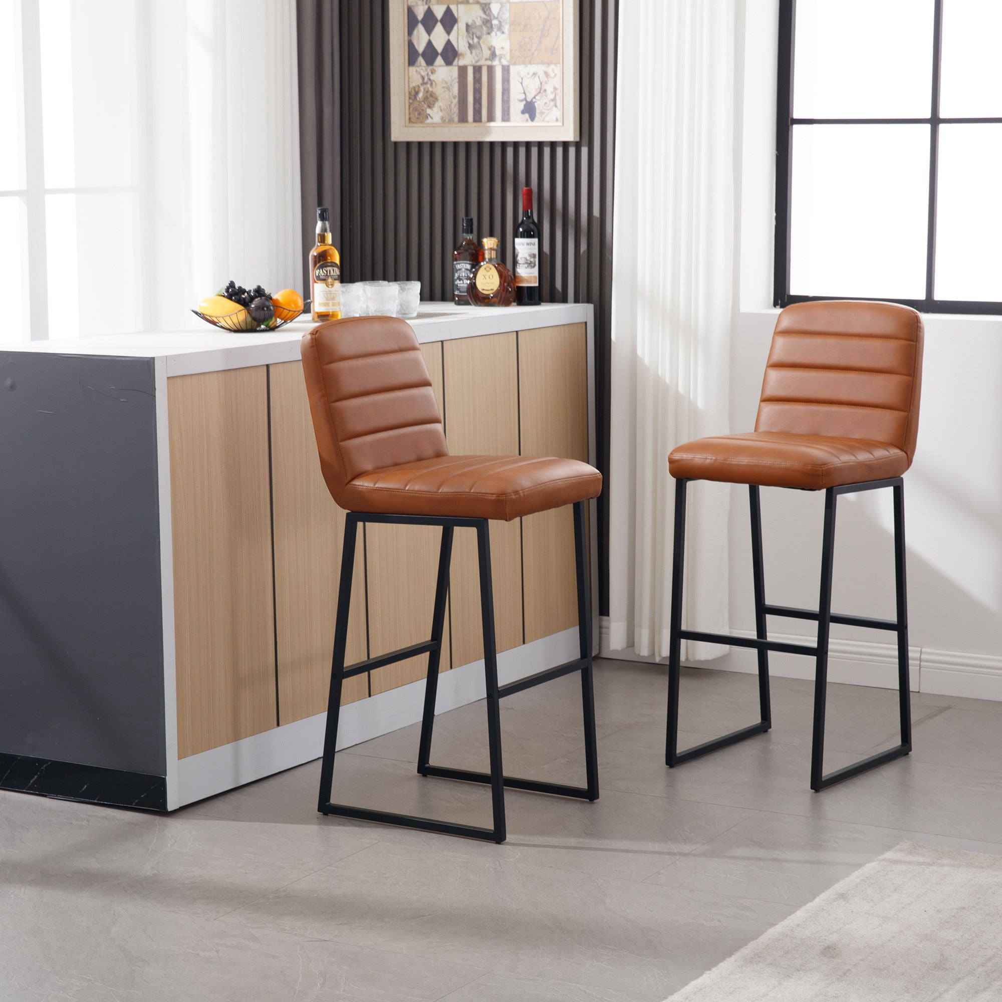 PU Leather Dining Chairs, Multifunctional Bar Stools with Black Metal ...