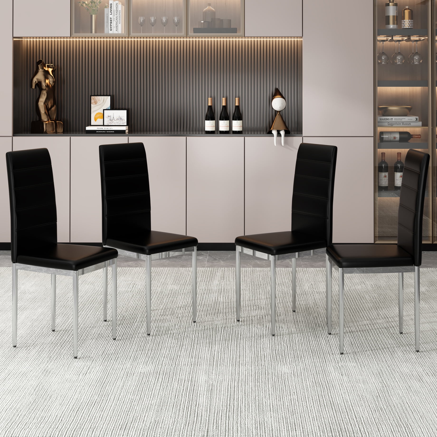 PU Leather Dining Chairs Set of 4, Black High Back Kitchen Chairs with ...