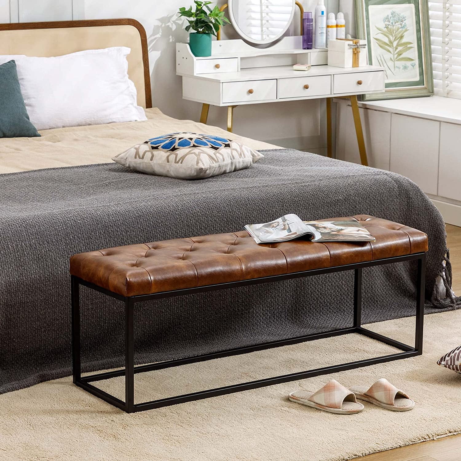 PU Leather End of Bed Bench,Modern Upholstered Entryway Bench Bedside ...