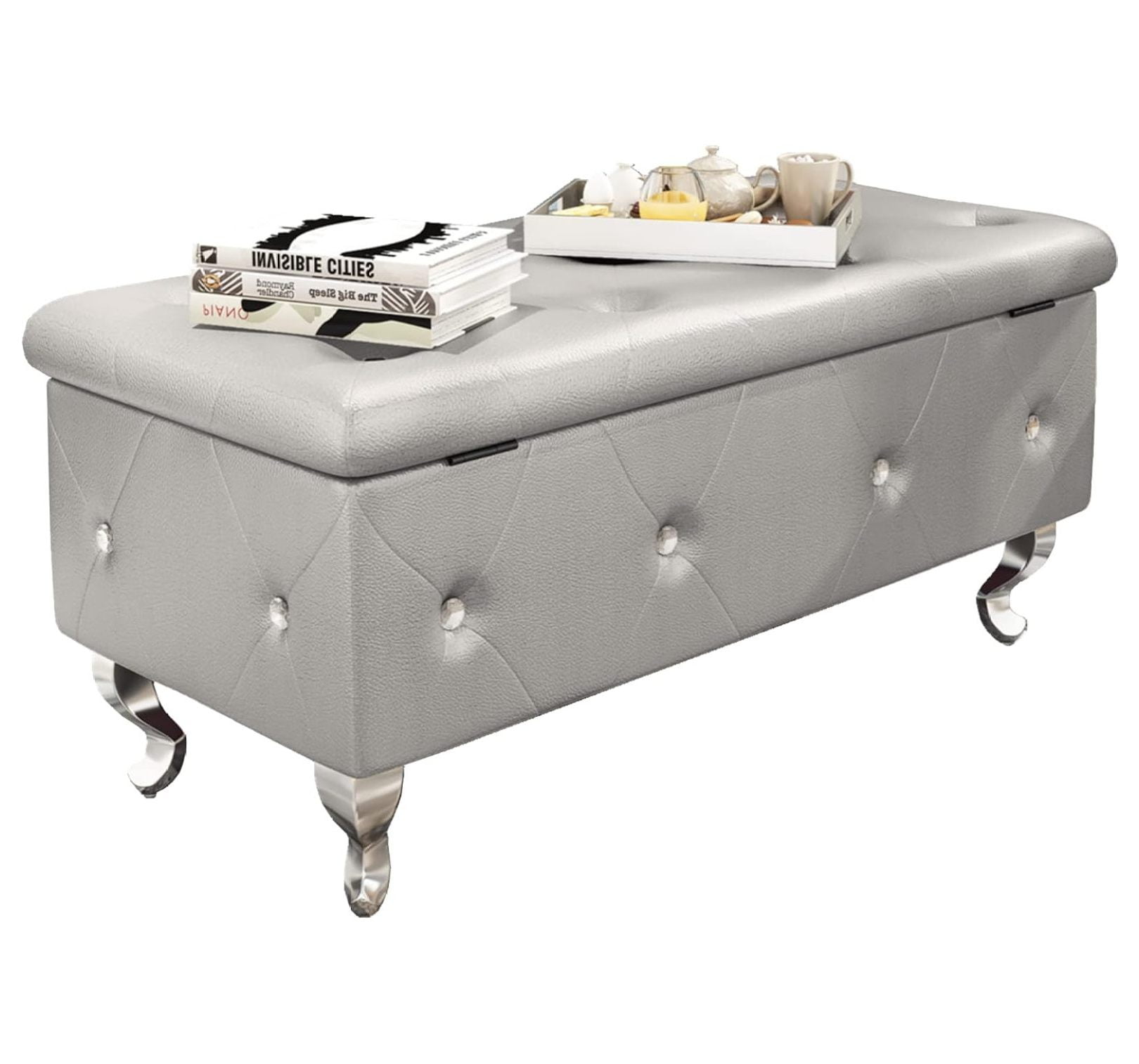 PU Leather Ottoman with Storage, Upholstered Storage Ottoman with ...