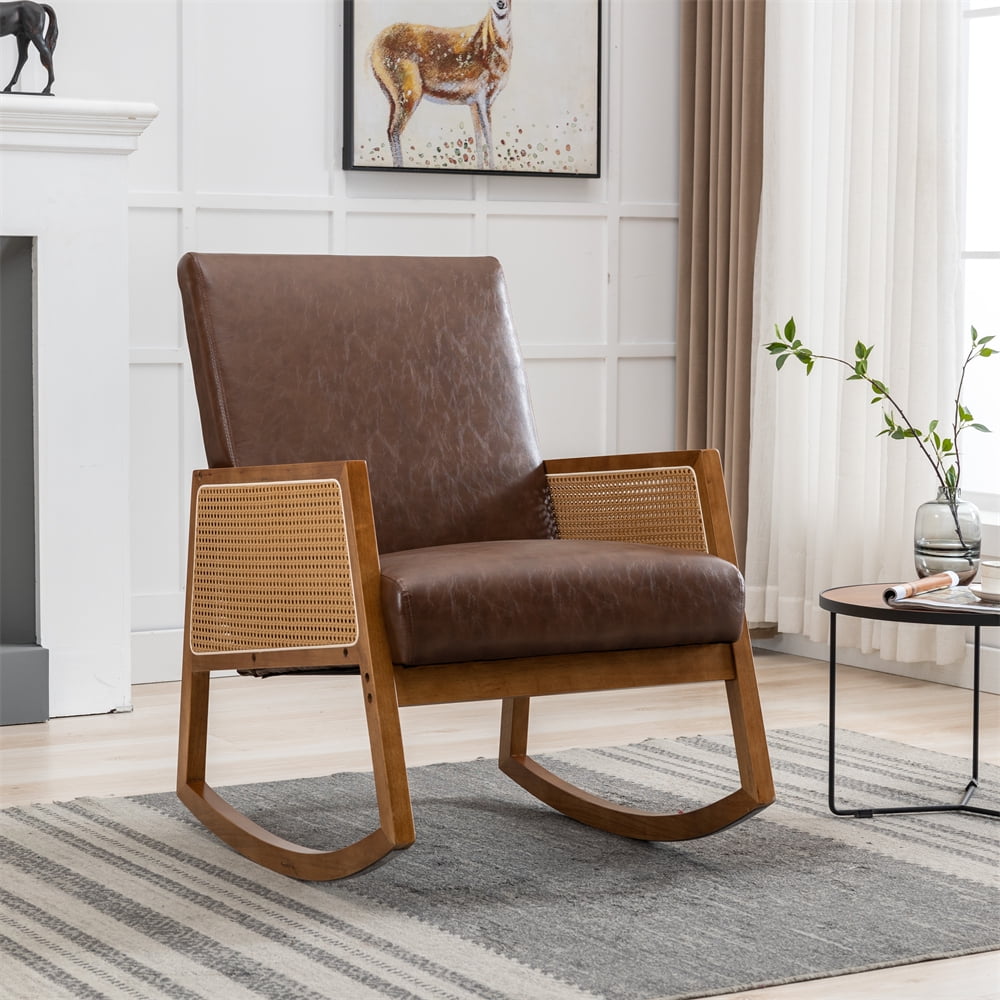 PU Leather Rocking Chair, Modern Upholstered Glider Rocker Chair with ...