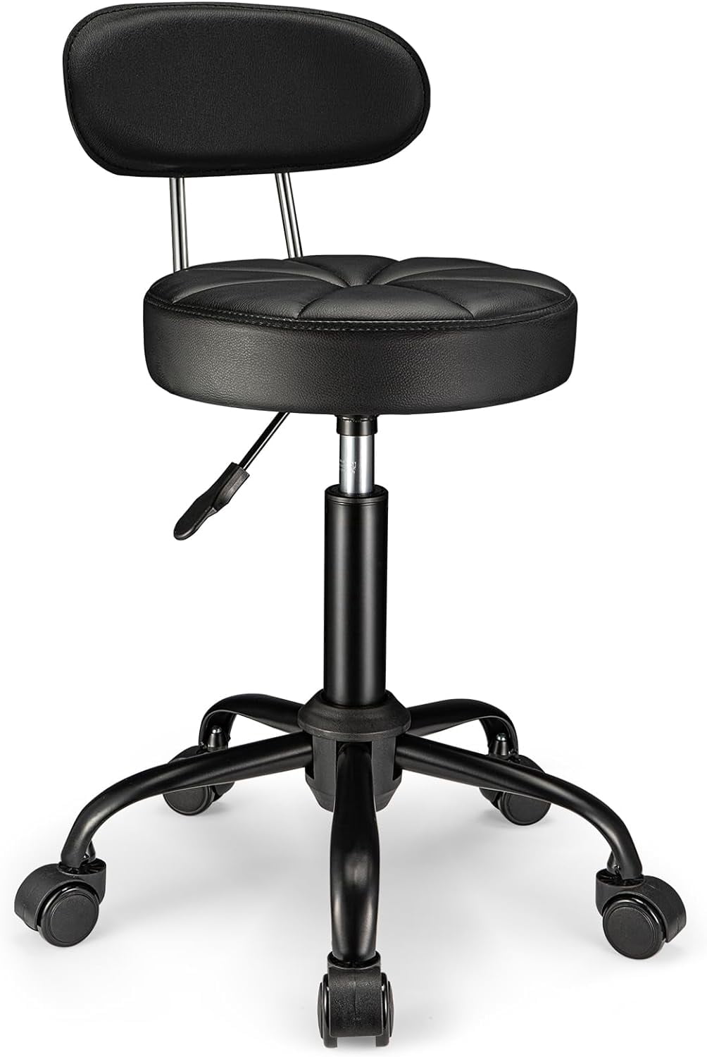 PU Leather Rolling Stool with Back Support Height Adjustable Swivel ...