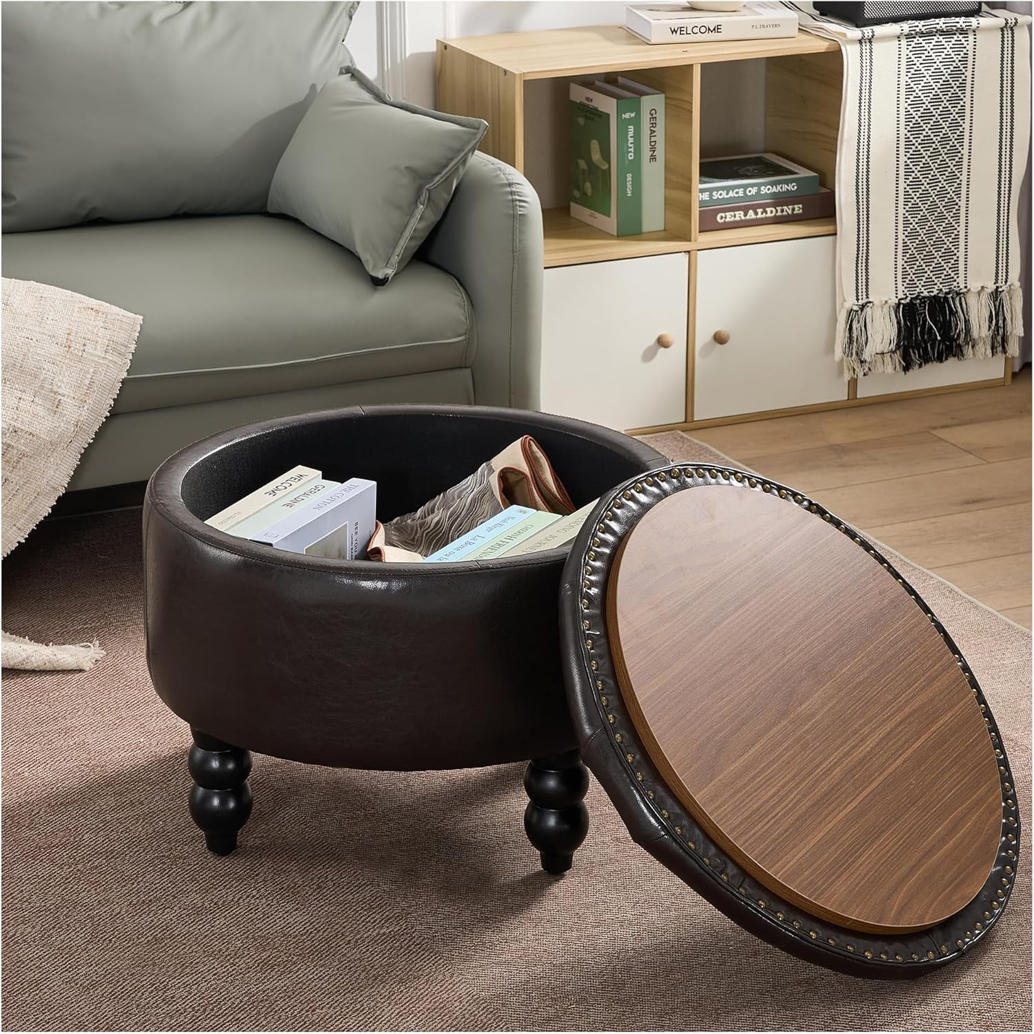 PU Leather Round Ottoman with Storage, Upholstered Tufted Storage ...