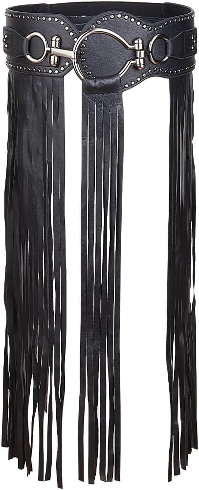 PU Leather Tassel Belt Black Vintage Punk Wide Long Fringe Fashion ...