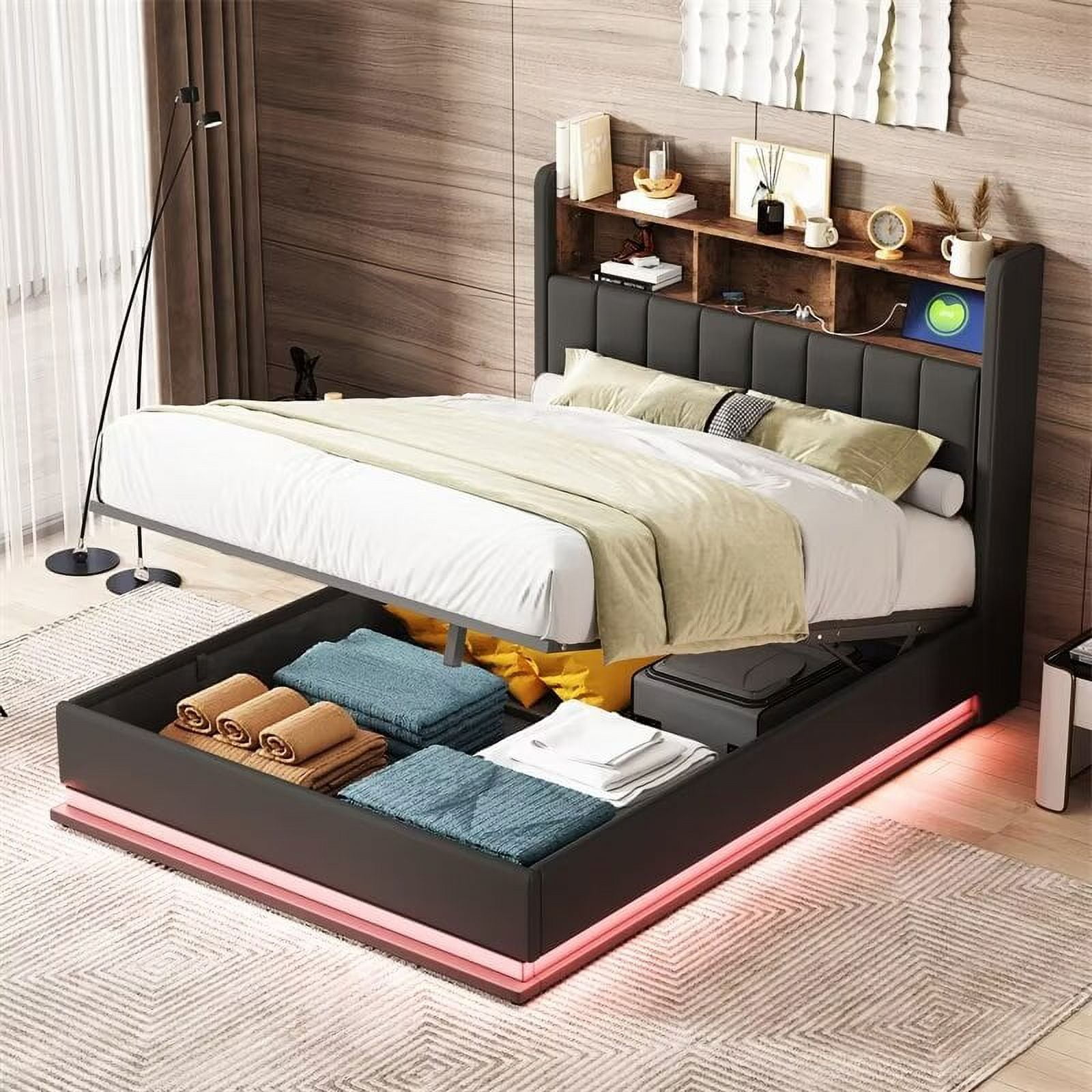 PU Leather Upholstered Platform Bed with Storage Headboard and ...