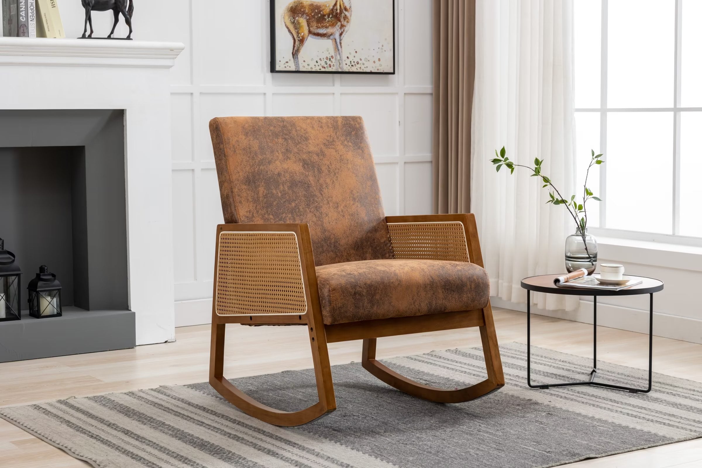 PU Leather Upholstered Rocking Chair with Ratten Wood Armrest and Legs ...