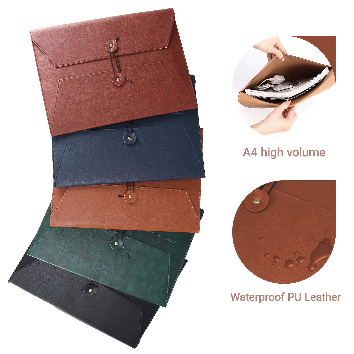 PU Leather Vintage File Folder with Drawstring Closure - A4 High Volume, Waterproof Document ...