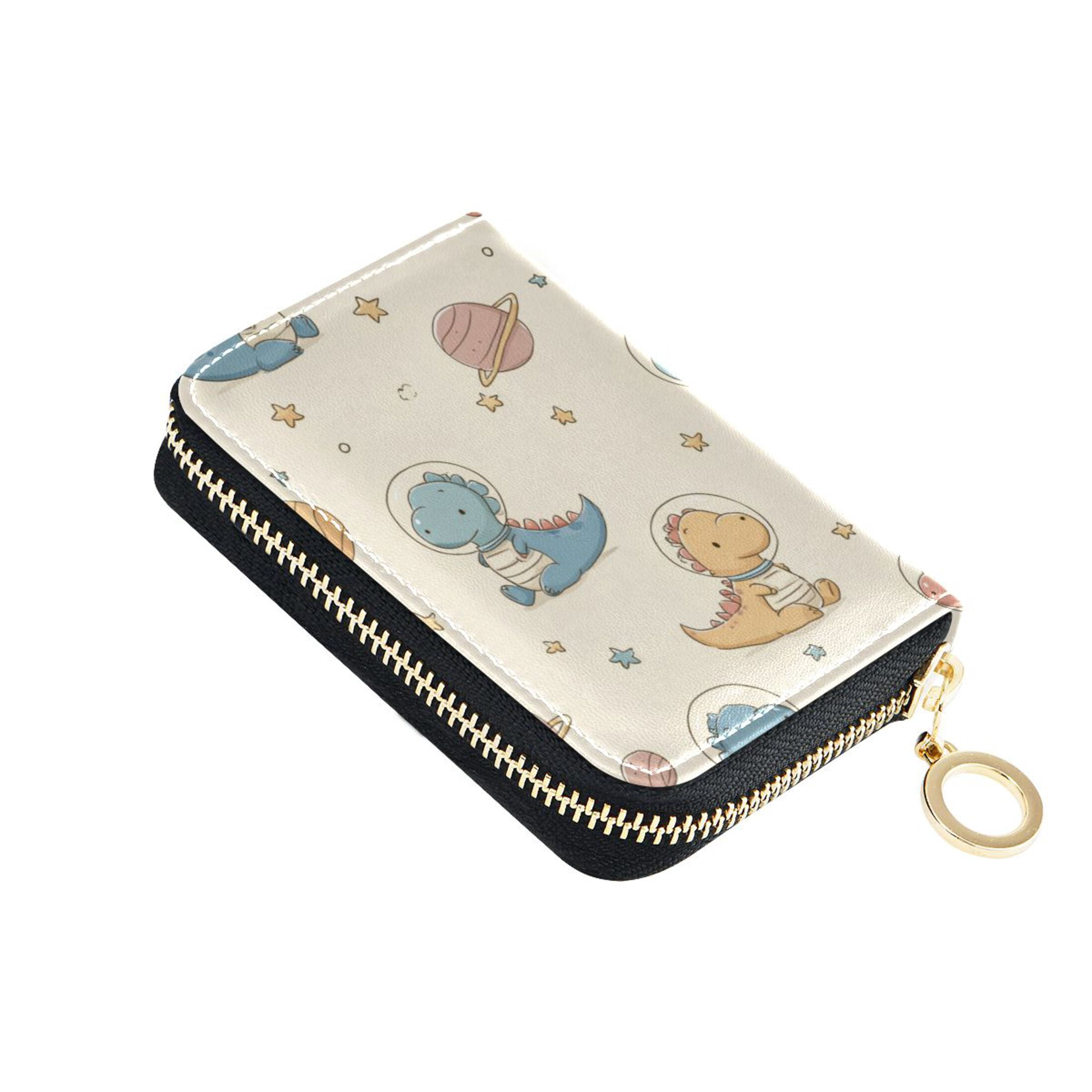 PU Leather Zipper Card Case Credit Card Holder Small Wallets Dinosaurs ...