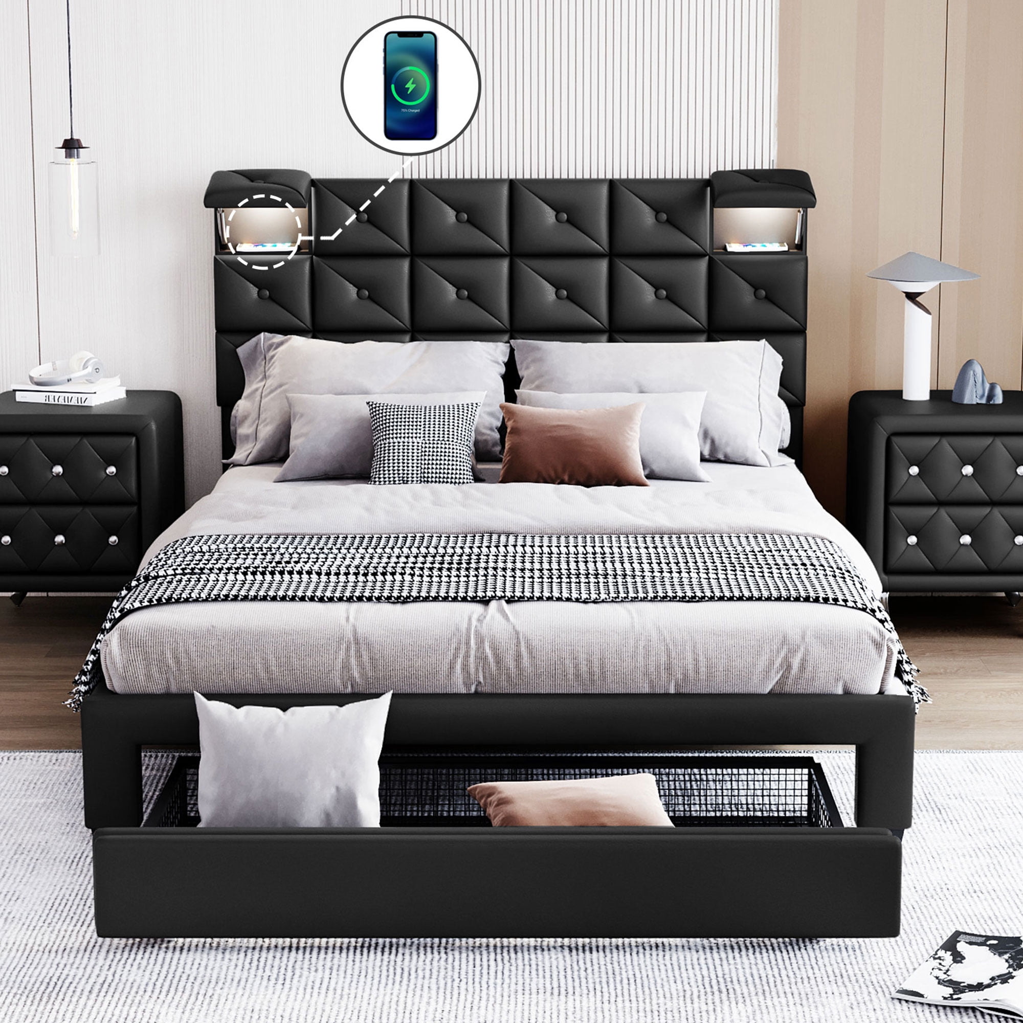 PU Upholstered Storage Bed Frame with a Big Drawer, Two Wireless ...