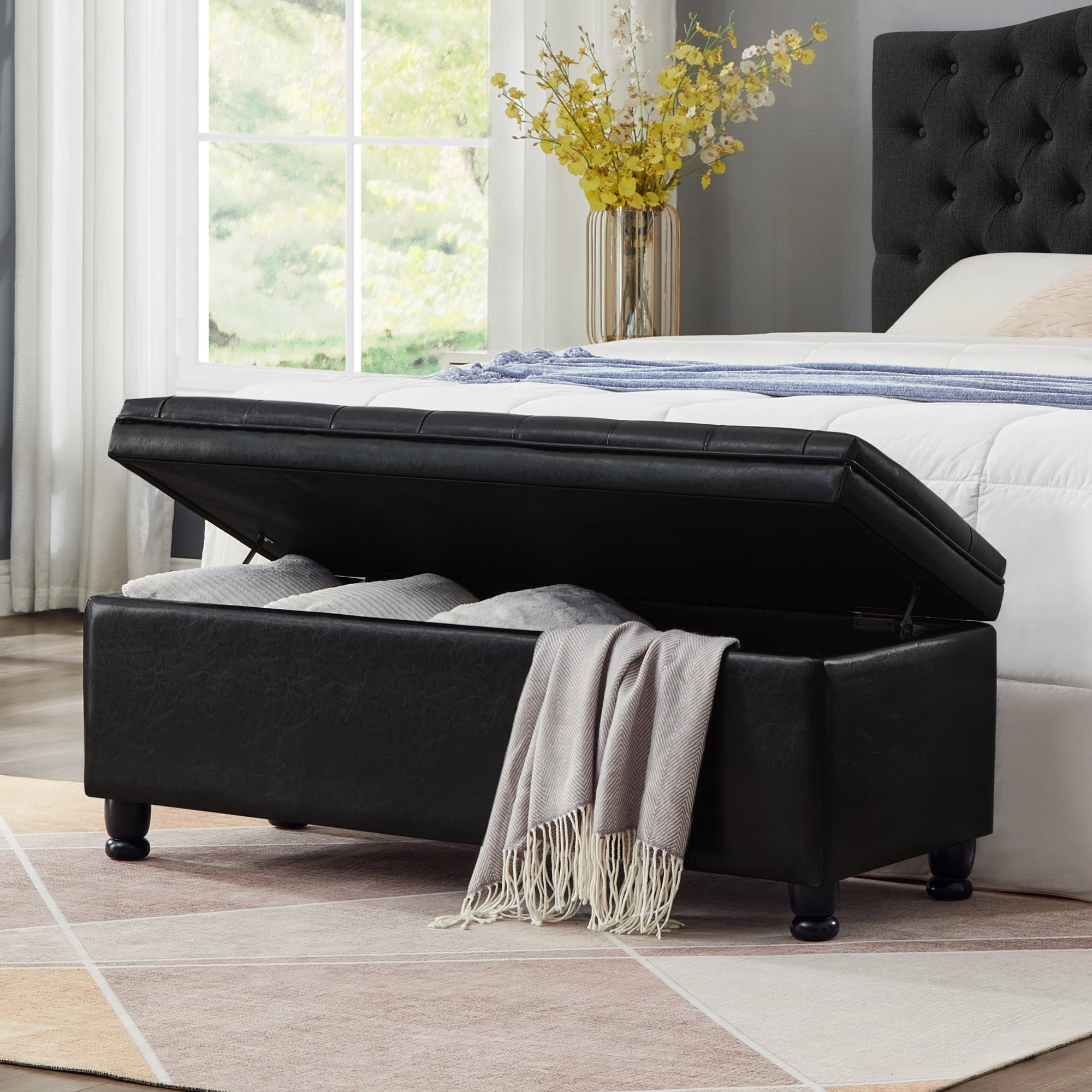 PU Upholstered Storage Bench, Faux Leather Tufted Button Entry Bench ...