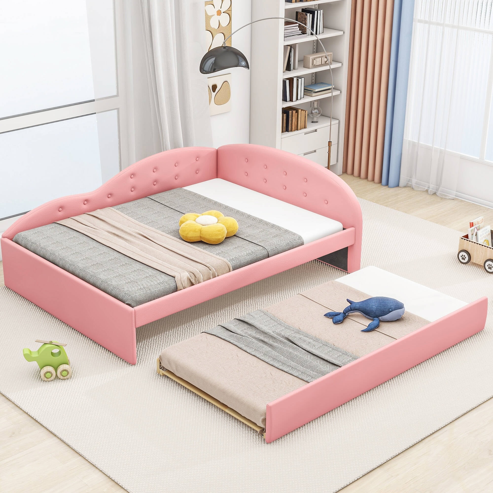 PU Upholstered Tufted Daybed with Trundle and Cloud Shaped Guardrail ...