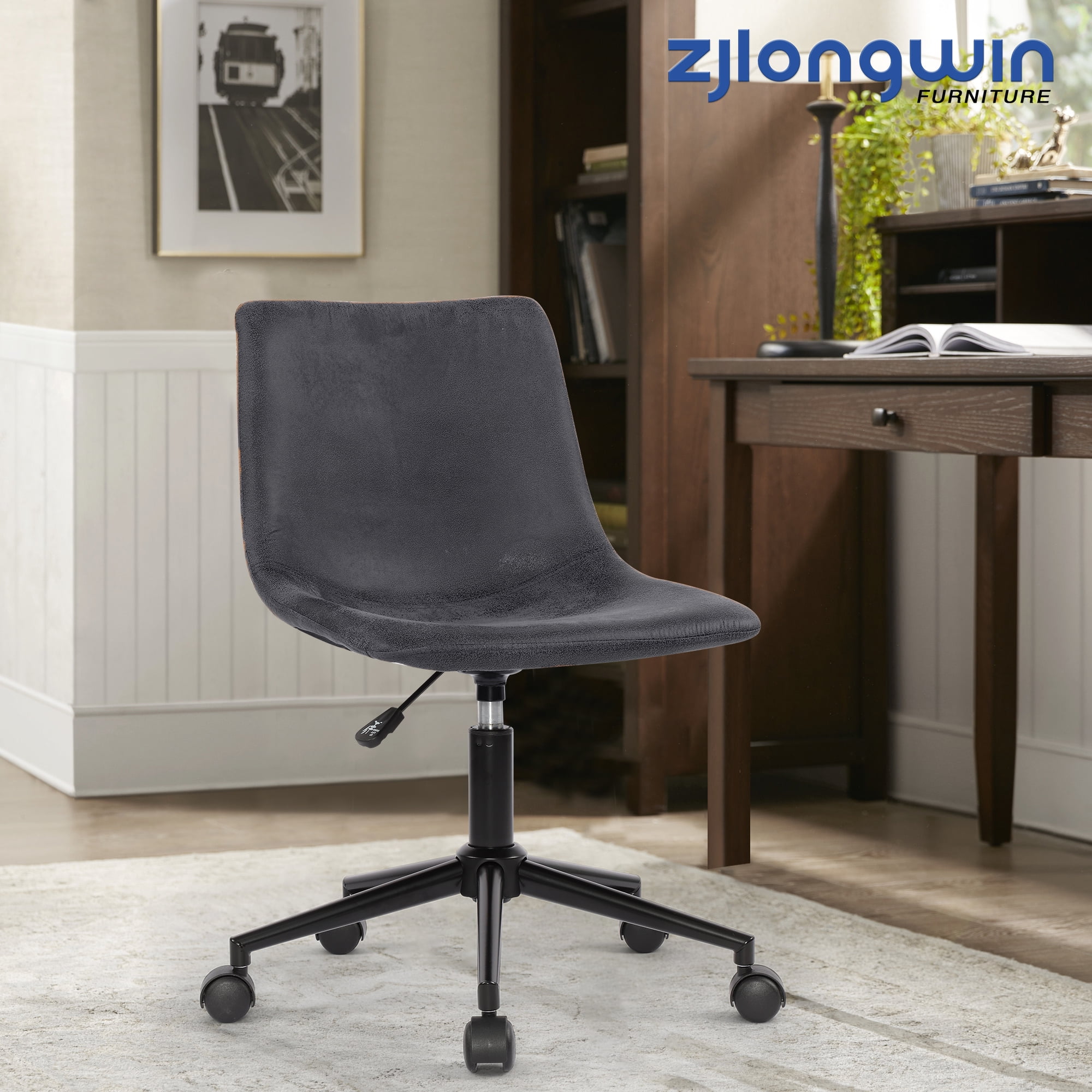 PU-like Fabric Swivel Chair No Arms with Lumbar Support Height ...