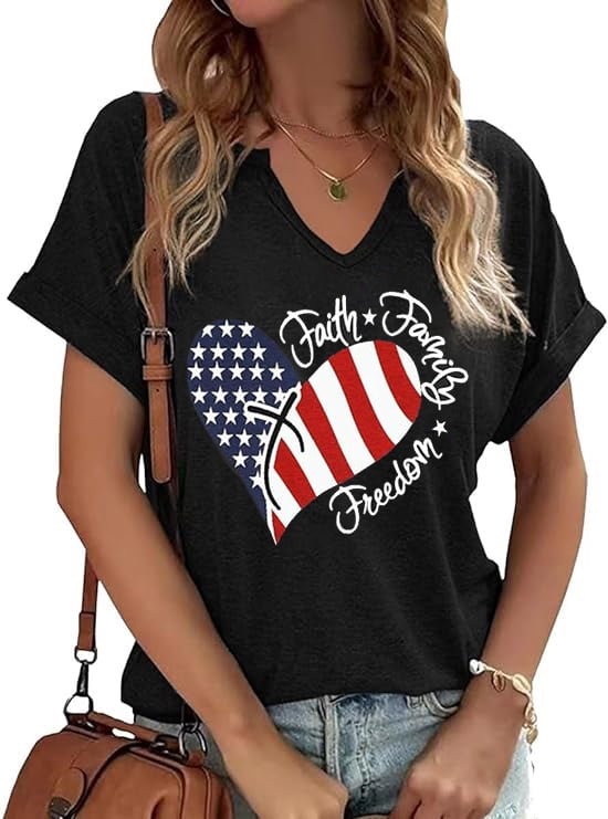 PUCKOLITY American Flag Heart Shirts for Women Fourth of July T-Shirts ...