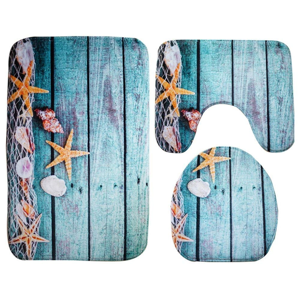 PUDMAD Beach Seashells Starfish Sand 3 Piece Bathroom Rugs Set Bath Rug ...