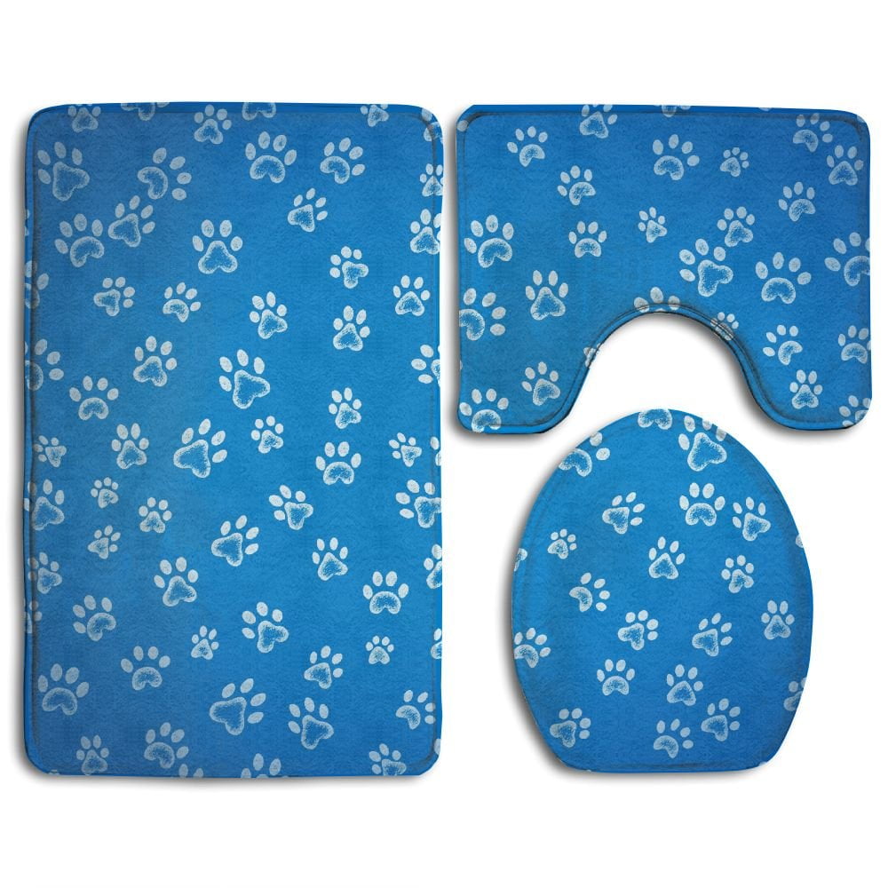 PUDMAD Blue Dog Paws 3 Piece Bathroom Rugs Set Bath Rug Contour Mat and ...