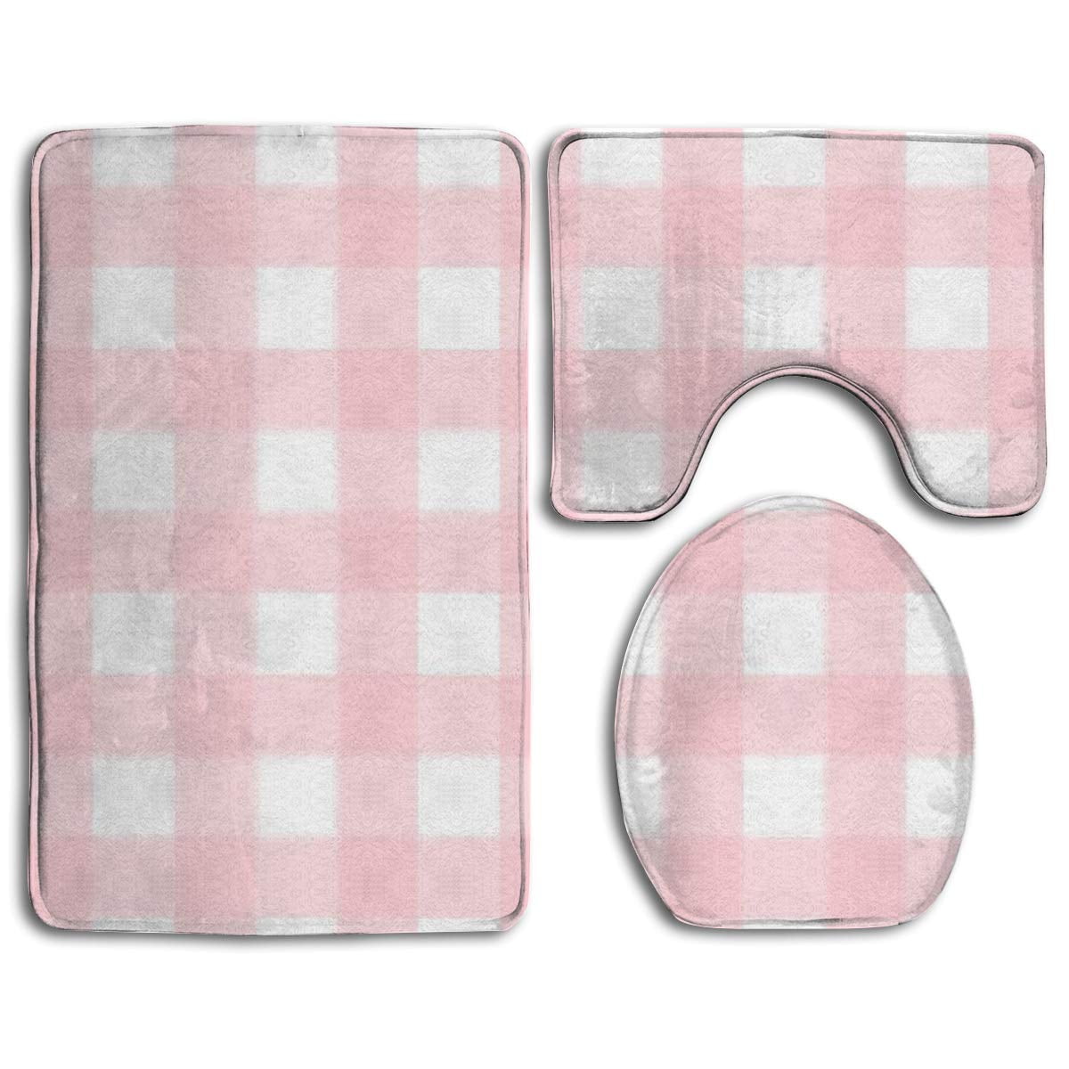 PUDMAD Brushed Wide Gingham Rose Pink 3 Piece Bathroom Rugs Set Bath ...