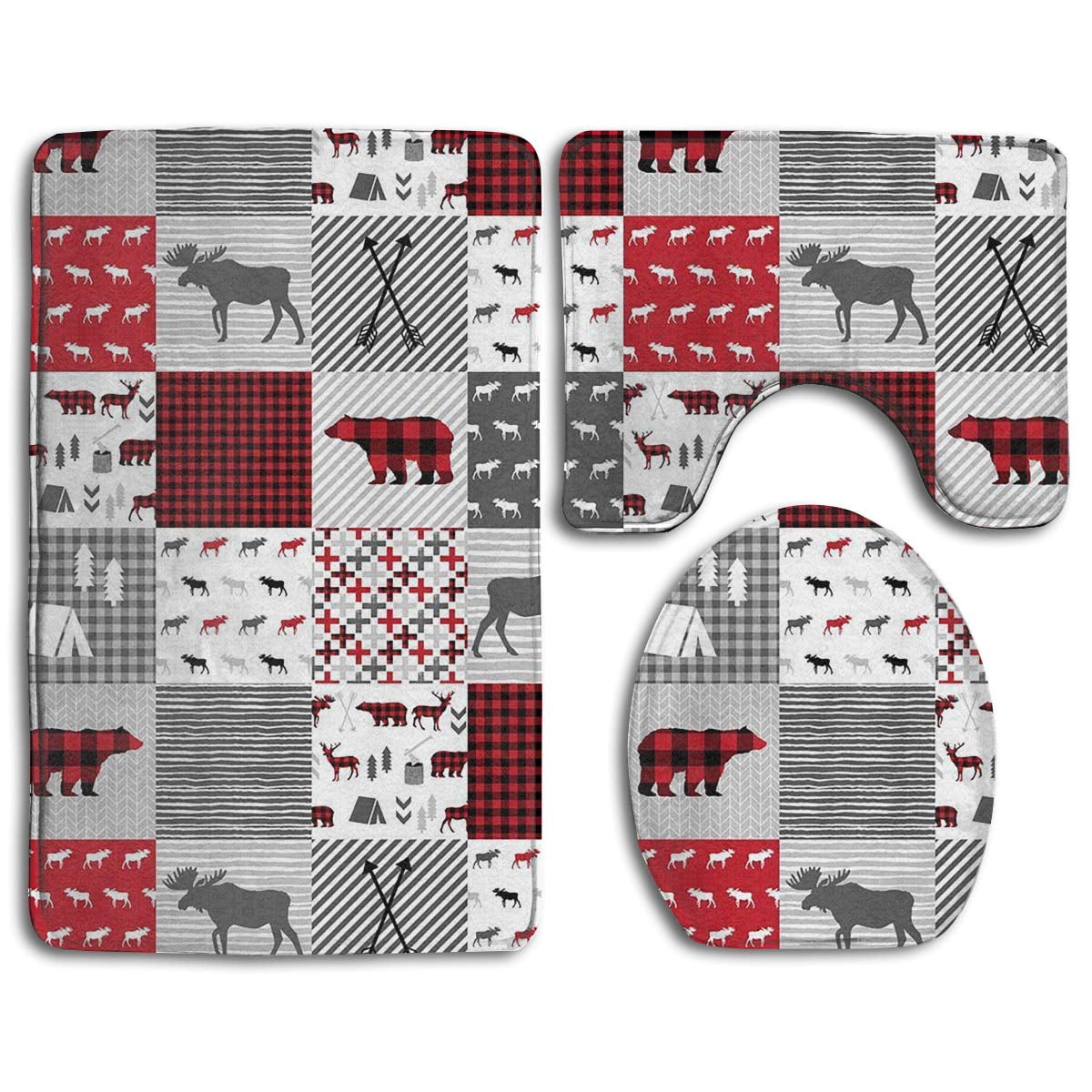 PUDMAD Buffalo Plaid 3 Piece Bathroom Rugs Set Bath Rug Contour Mat and ...