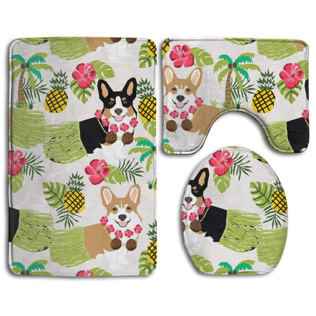 PUDMAD Corgi Hula Fabric Hawaiian Tropical 3 Piece Bathroom Rugs Set ...