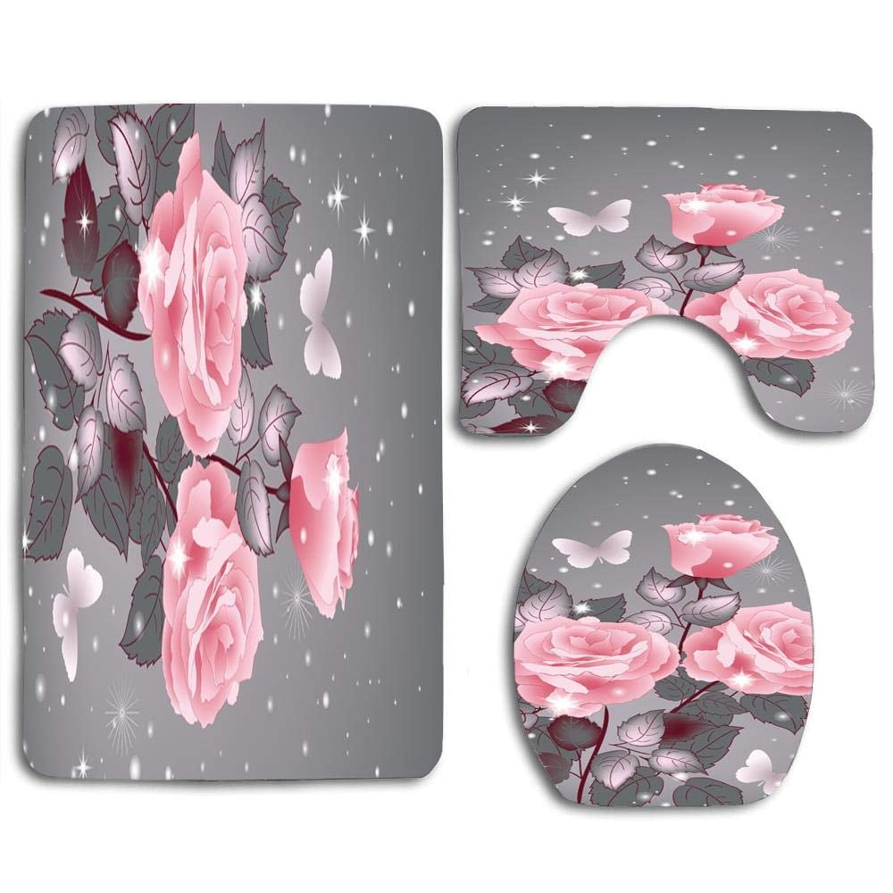 PUDMAD Cute Pink Roses 3 Piece Bathroom Rugs Set Bath Rug Contour Mat ...