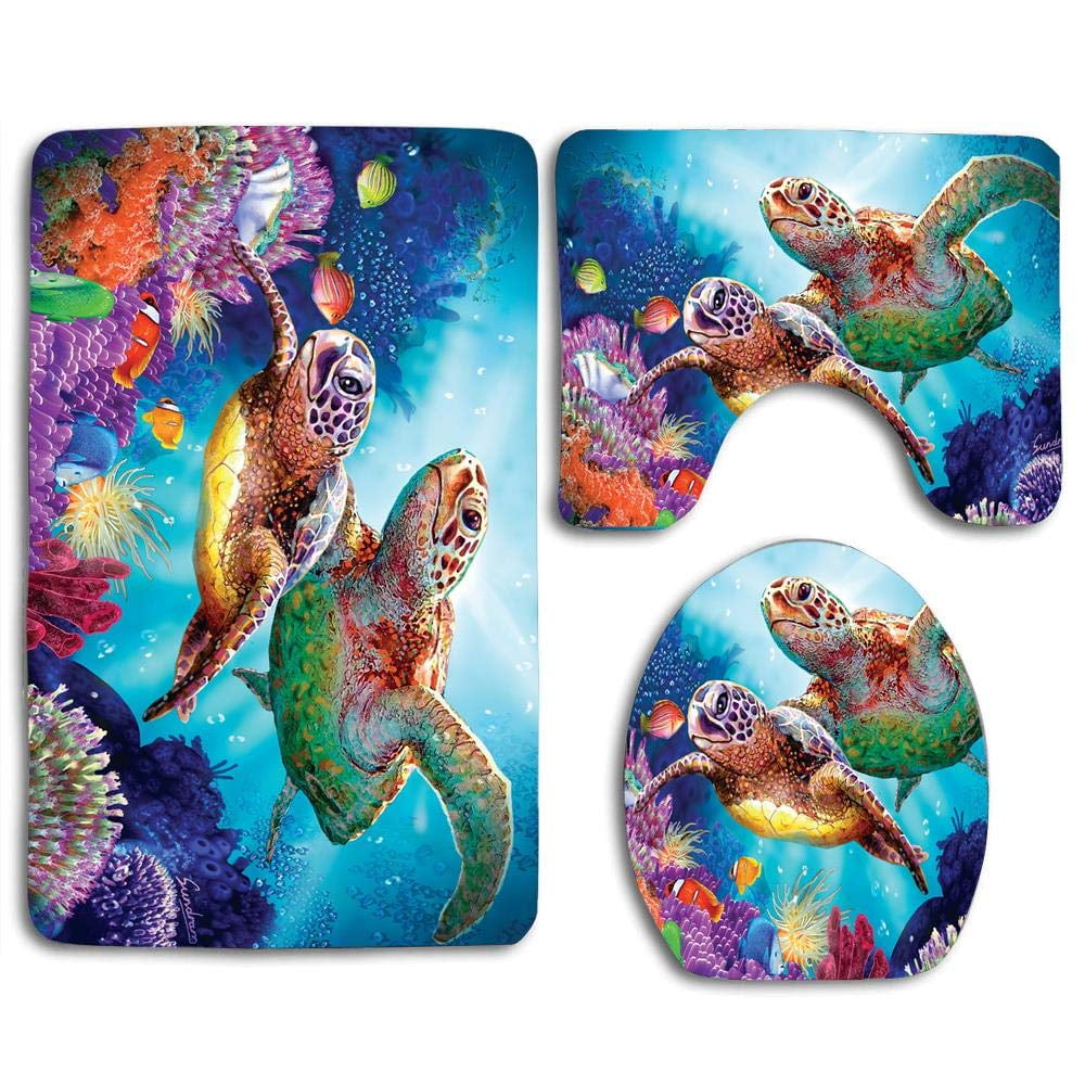 PUDMAD Cute Sea Turtle 3 Piece Bathroom Rugs Set Bath Rug Contour Mat ...