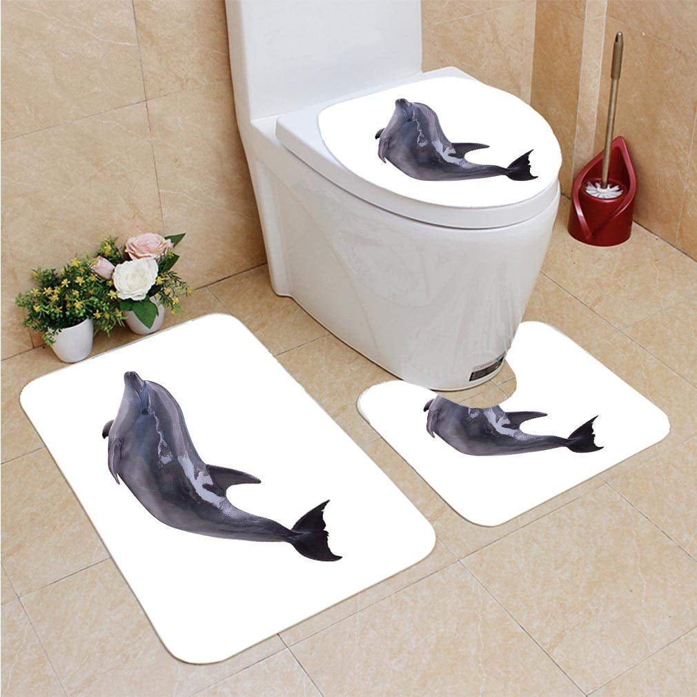 PUDMAD Dark Gray Dolphin 3 Piece Bathroom Rugs Set Bath Rug Contour Mat ...