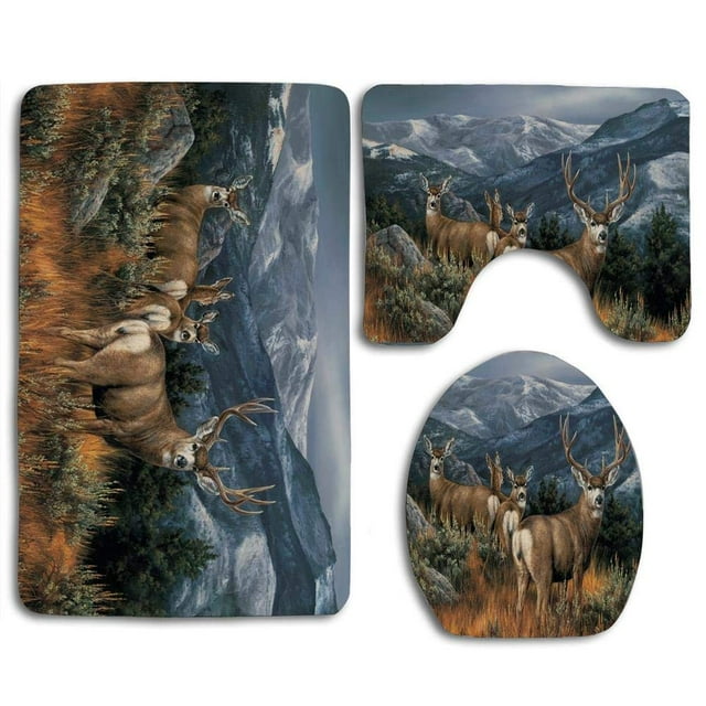PUDMAD Deer Elk Country High Mountains 3 Piece Bathroom Rugs Set Bath ...