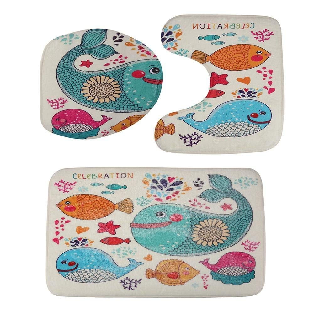 PUDMAD Fish 3 Piece Bathroom Rugs Set Bath Rug Contour Mat and Toilet ...