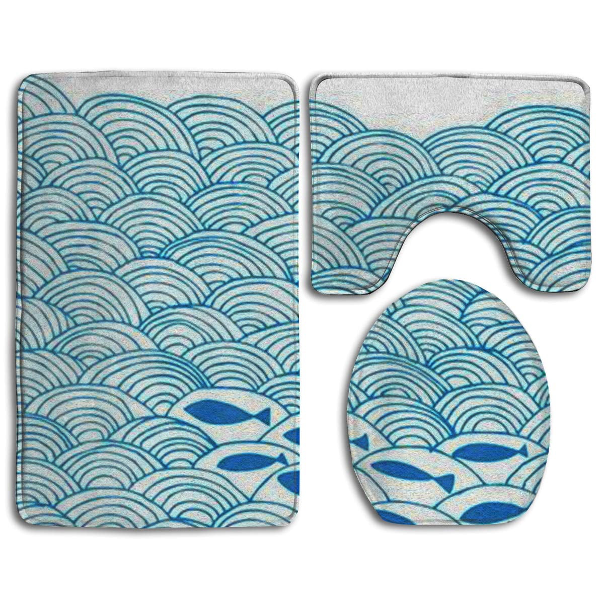 PUDMAD Fish Wave Blue 3 Piece Bathroom Rugs Set Bath Rug Contour Mat ...