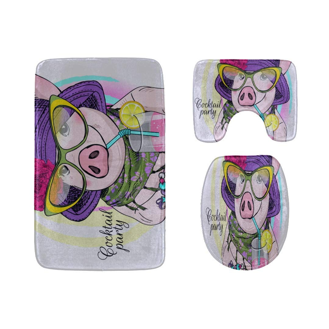 PUDMAD Lovely Pink Pig 3 Piece Bathroom Rugs Set Bath Rug Contour Mat ...