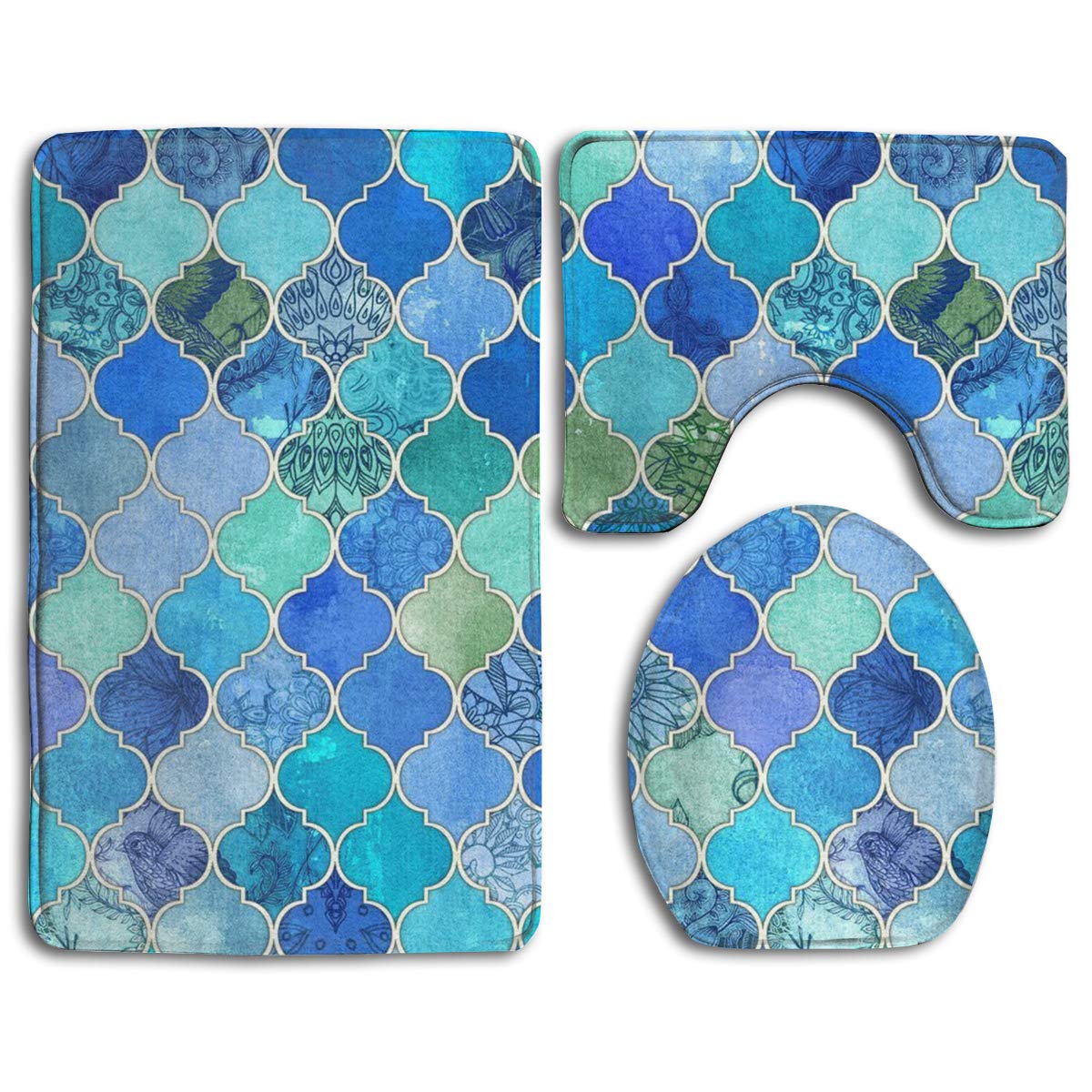 PUDMAD Moroccan Cobalt Blue Aqua 3 Piece Bathroom Rugs Set Bath Rug ...