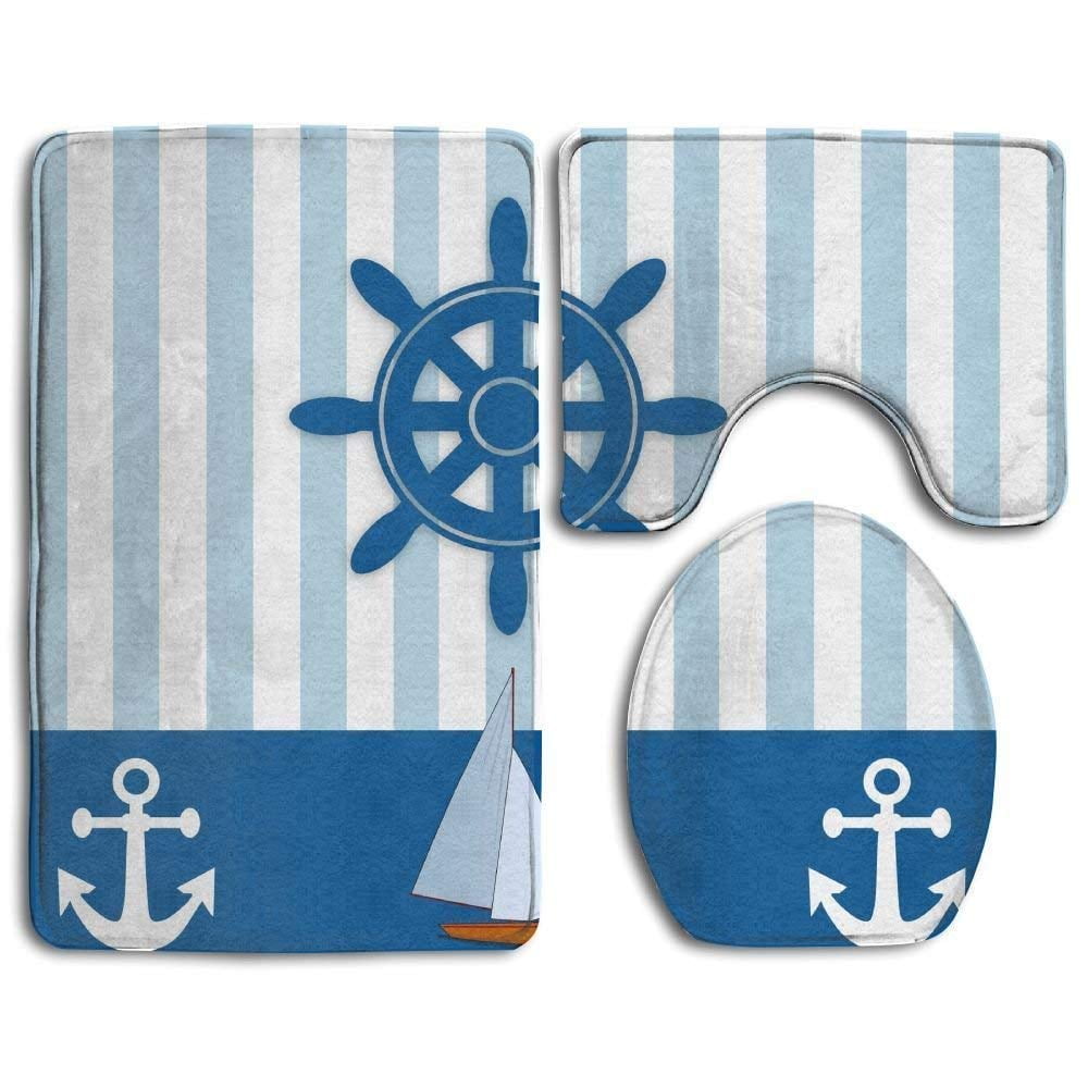 PUDMAD Nautical Ships Wheel 3 Piece Bathroom Rugs Set Bath Rug Contour ...