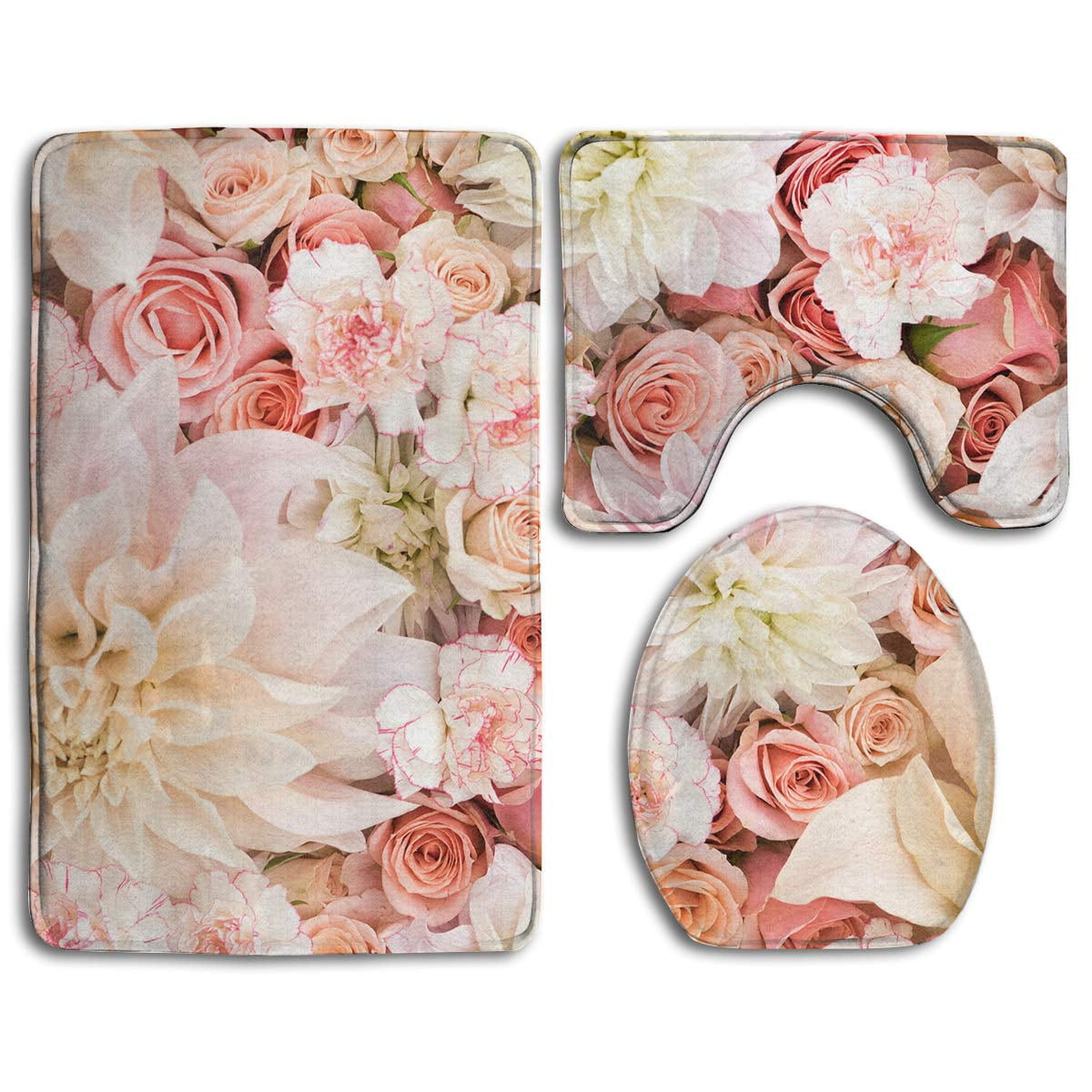 PUDMAD Petal Roses Blush Pink 3 Piece Bathroom Rugs Set Bath Rug ...