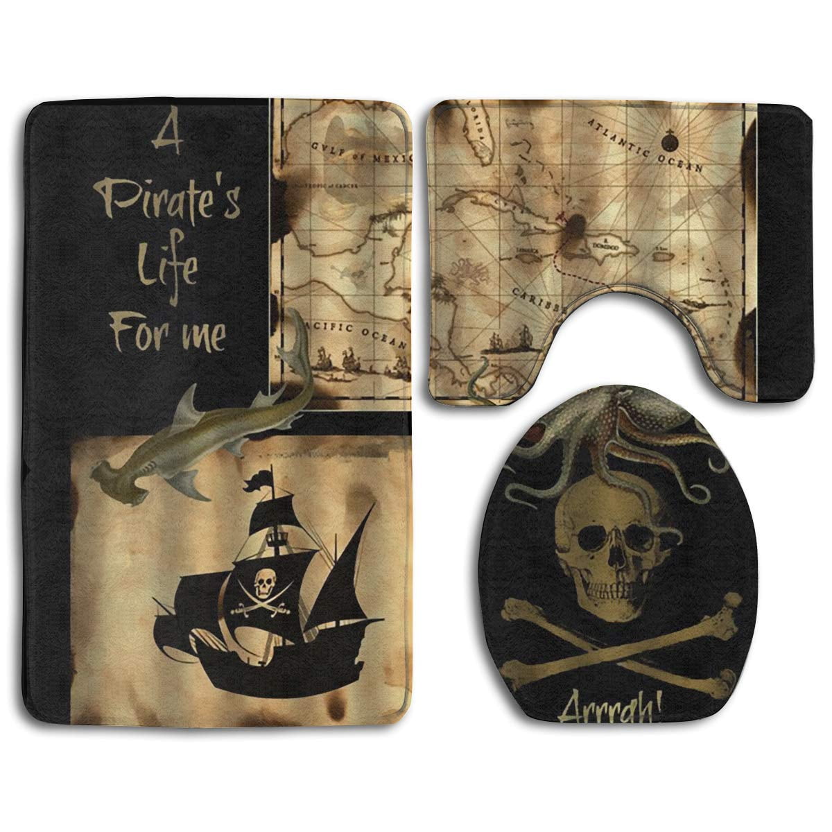 PUDMAD Pirate Ship Sea Ocean Nautical 3 Piece Bathroom Rugs Set Bath ...