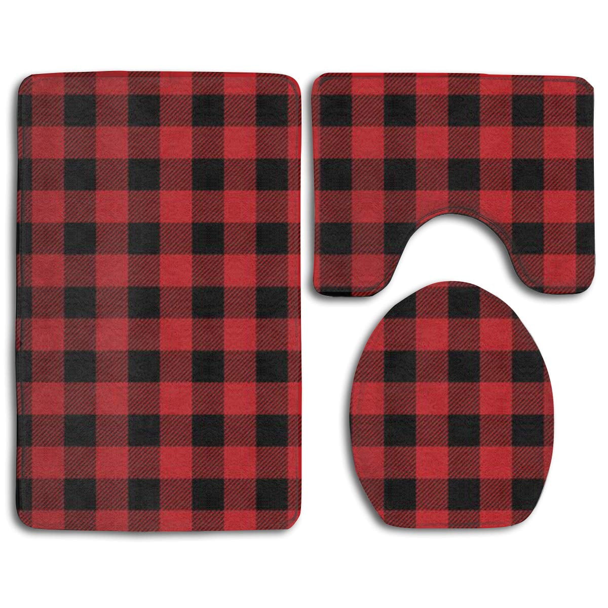 PUDMAD Red and Black Buffalo Plaid 3 Piece Bathroom Rugs Set Bath Rug ...