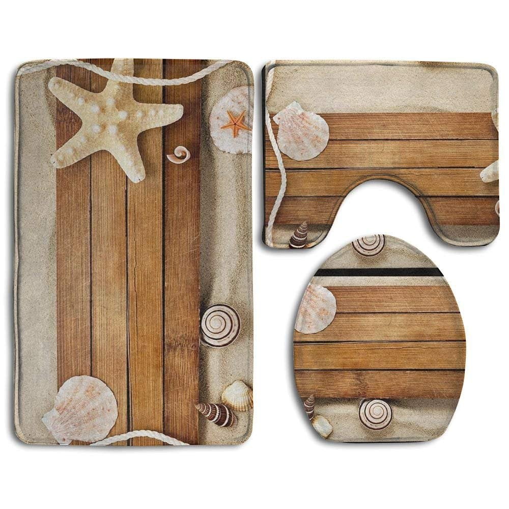 PUDMAD Seashells Starfish Wood On Beach 3 Piece Bathroom Rugs Set Bath ...