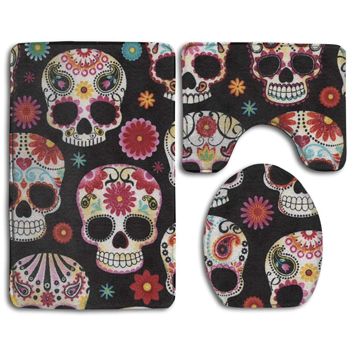 PUDMAD Sugar Skull 3 Piece Bathroom Rugs Set Bath Rug Contour Mat and ...