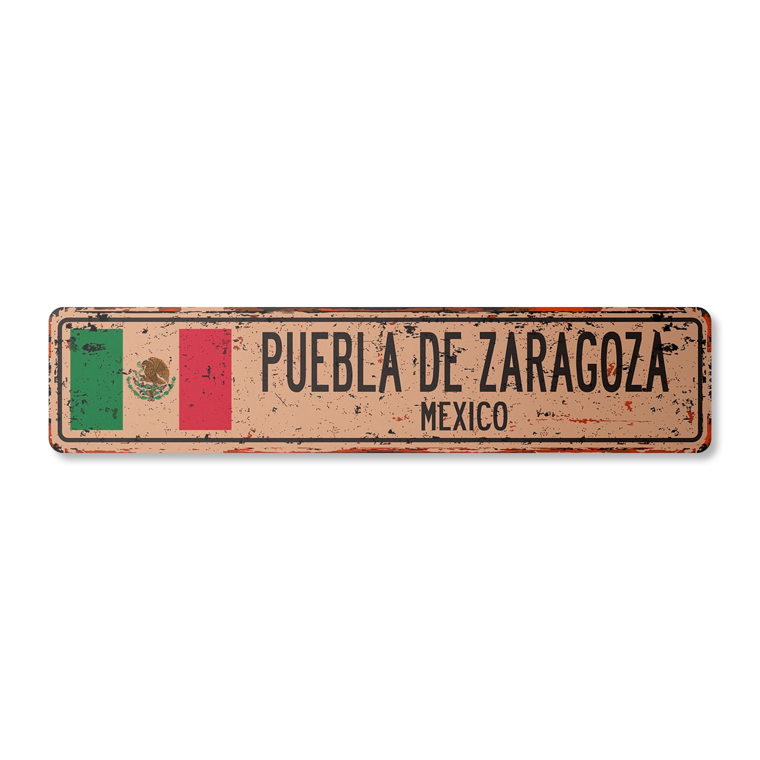 PUEBLA DE ZARAGOZA MEXICO Vintage Plastic Street Sign Mexican flag city ...