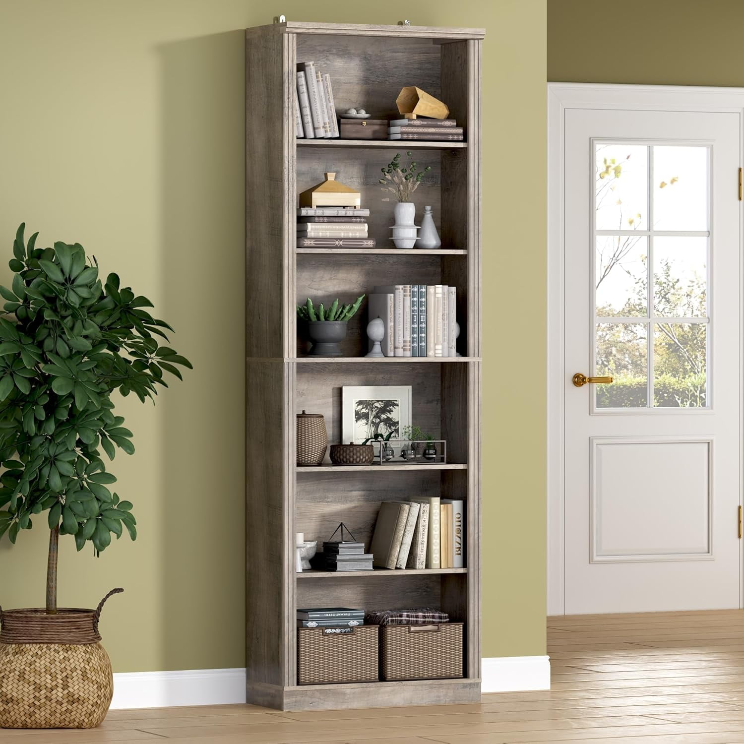 PUFFCAFE 75" Tall Bookcase,24" Wide Wood Book Shelf,6 Tier Display ...