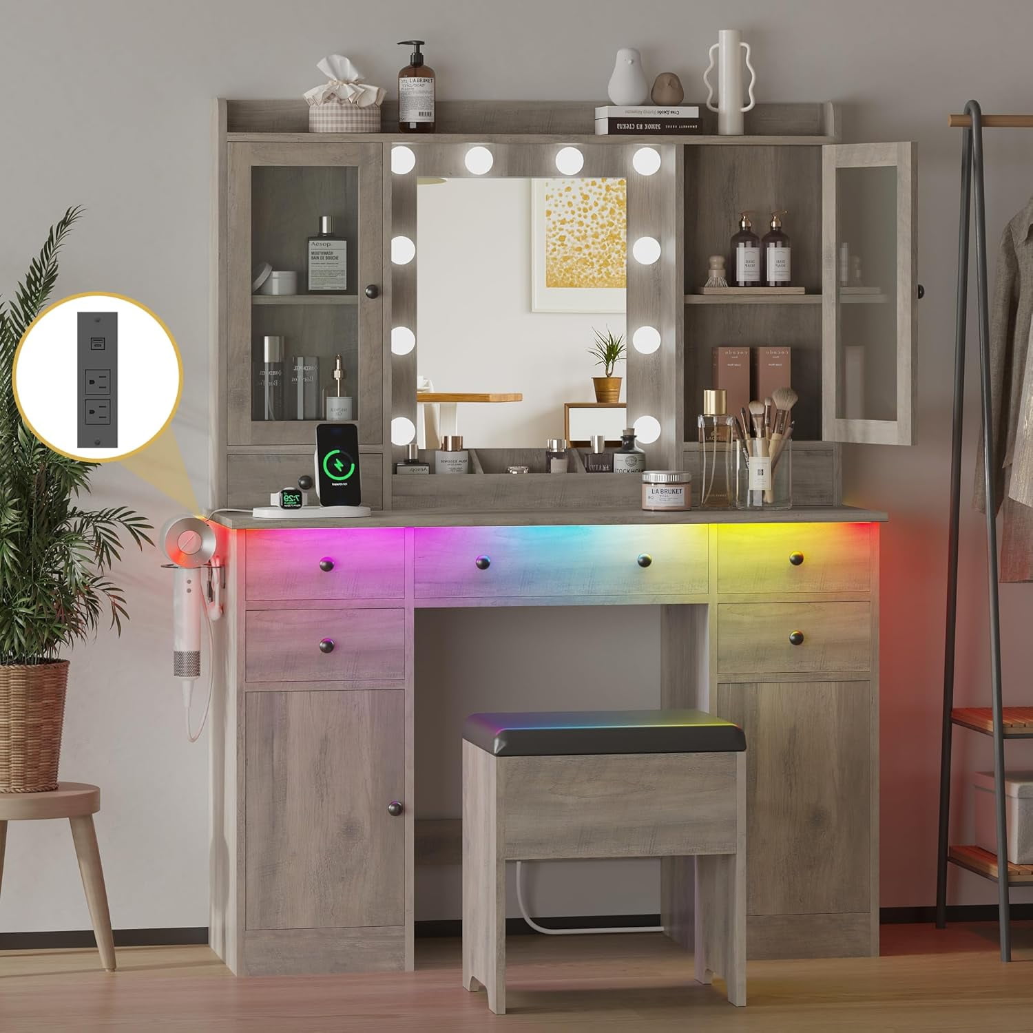 PUFFCAFE Makeup Vanity Desk with Mirror and Lights,Gray Vanity Table ...