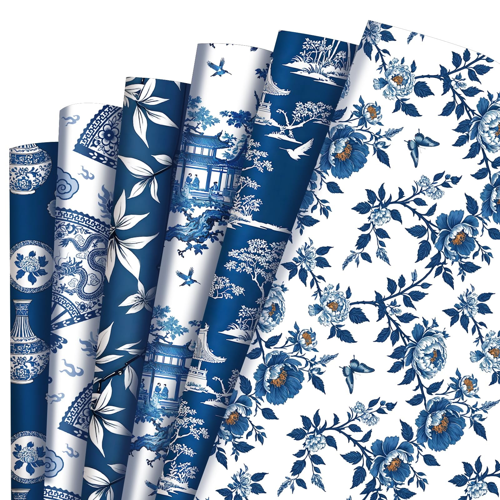 PUIKSXER Chinoiserie Pattern Wrapping Paper - BSL1 12 Sheets Blue Peony ...