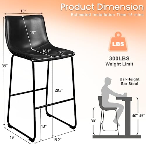 PUKAMI 18inch Bar Stools Set of 2,Counter Height Bar Stools,PU Leather ...