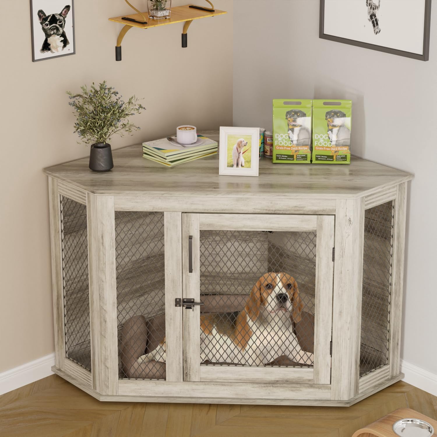 PUKAMI 44inch Corner Dog Crate Furniture,Wooden Dog Kennel Furniture ...