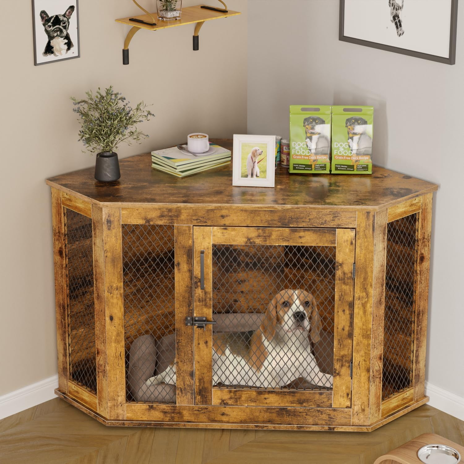 PUKAMI 44inch Corner Dog Crate Furniture,Wooden Dog Kennel Furniture ...