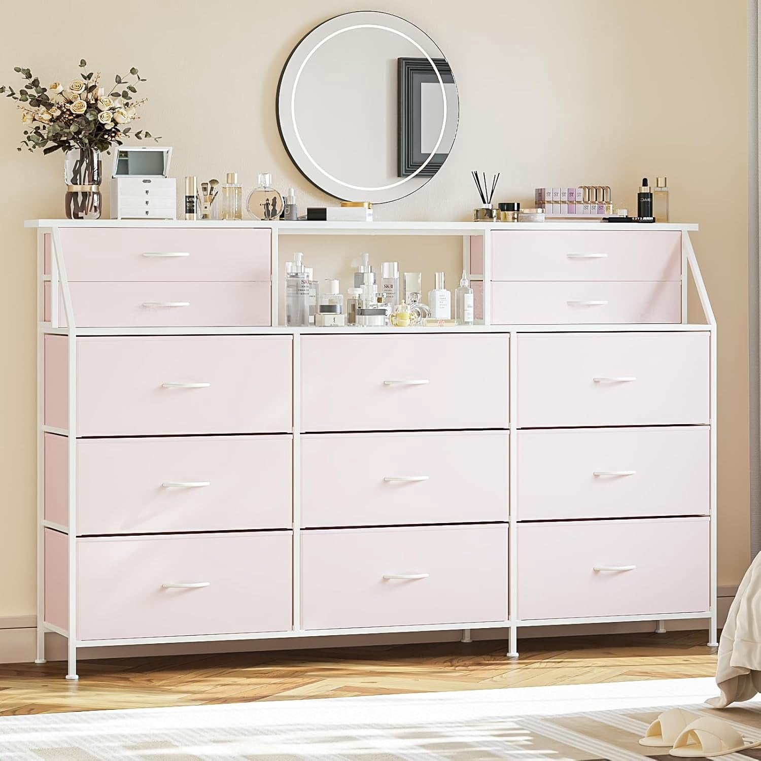 PUKAMI 72" Long Dresser for Bedroom, 13 Pink Fabric Drawers Dresser for ...