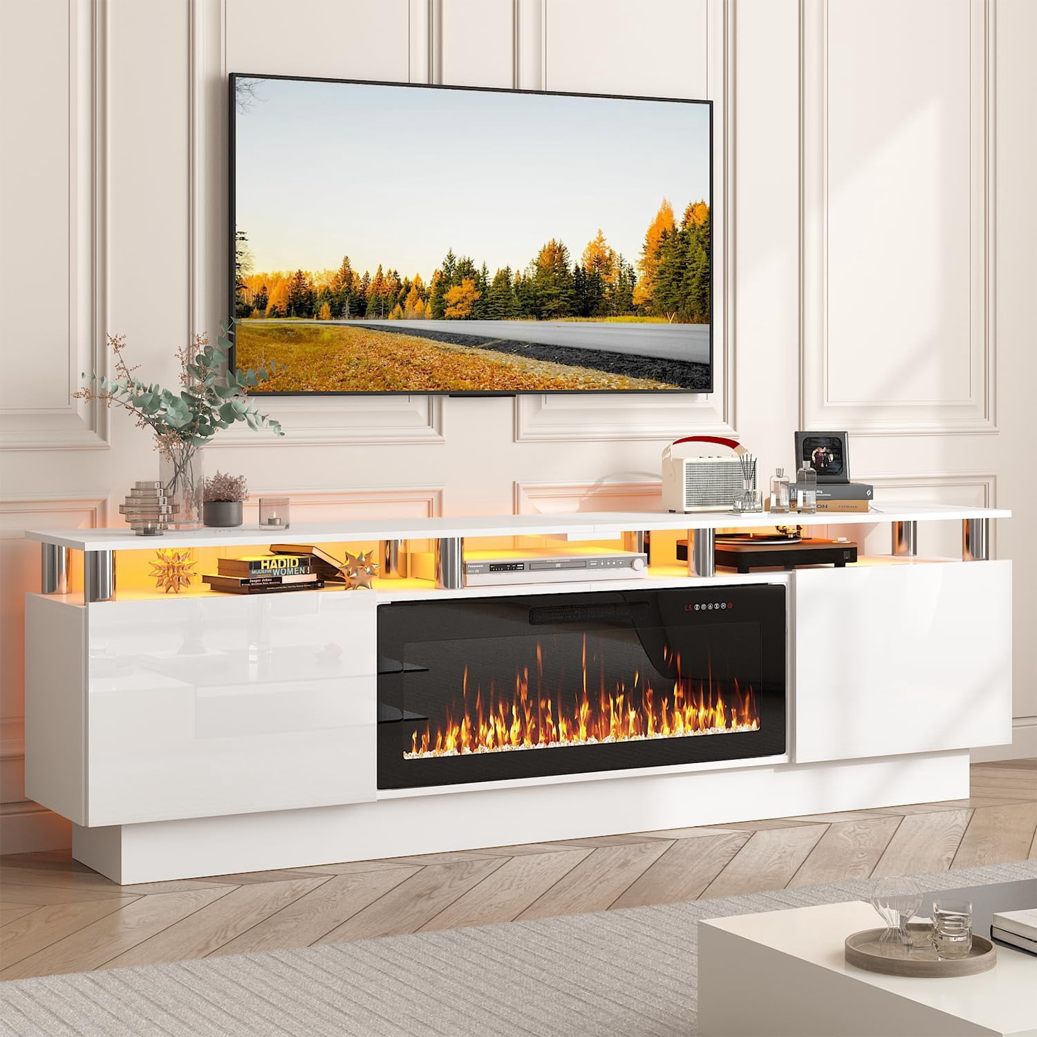 PUKAMI 80" Fireplace TV Stand with 36" Electric Fireplace, LED Light ...
