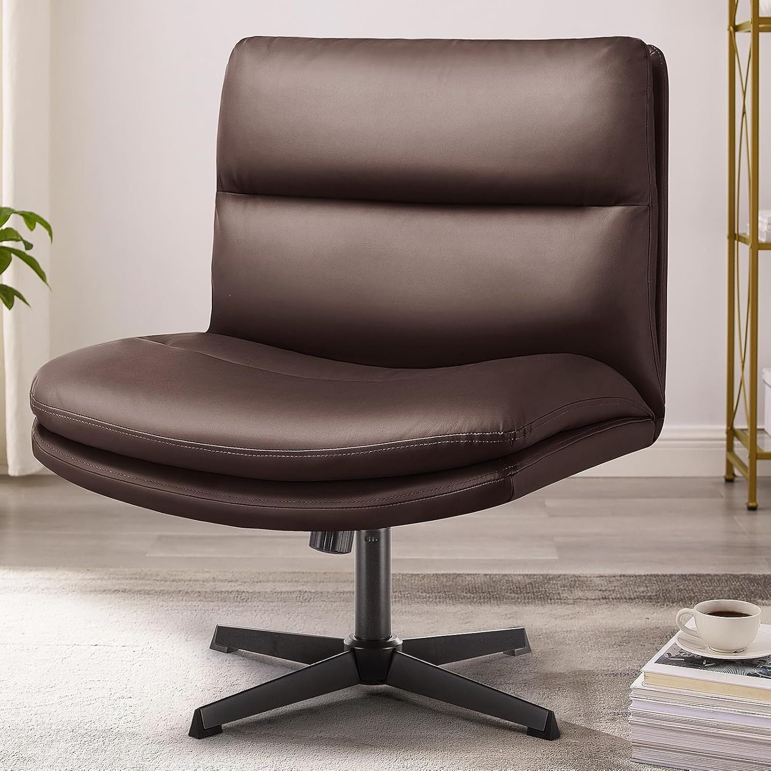 PUKAMI Armless Office Desk Chair No Wheels,PU Leather Criss Cross ...