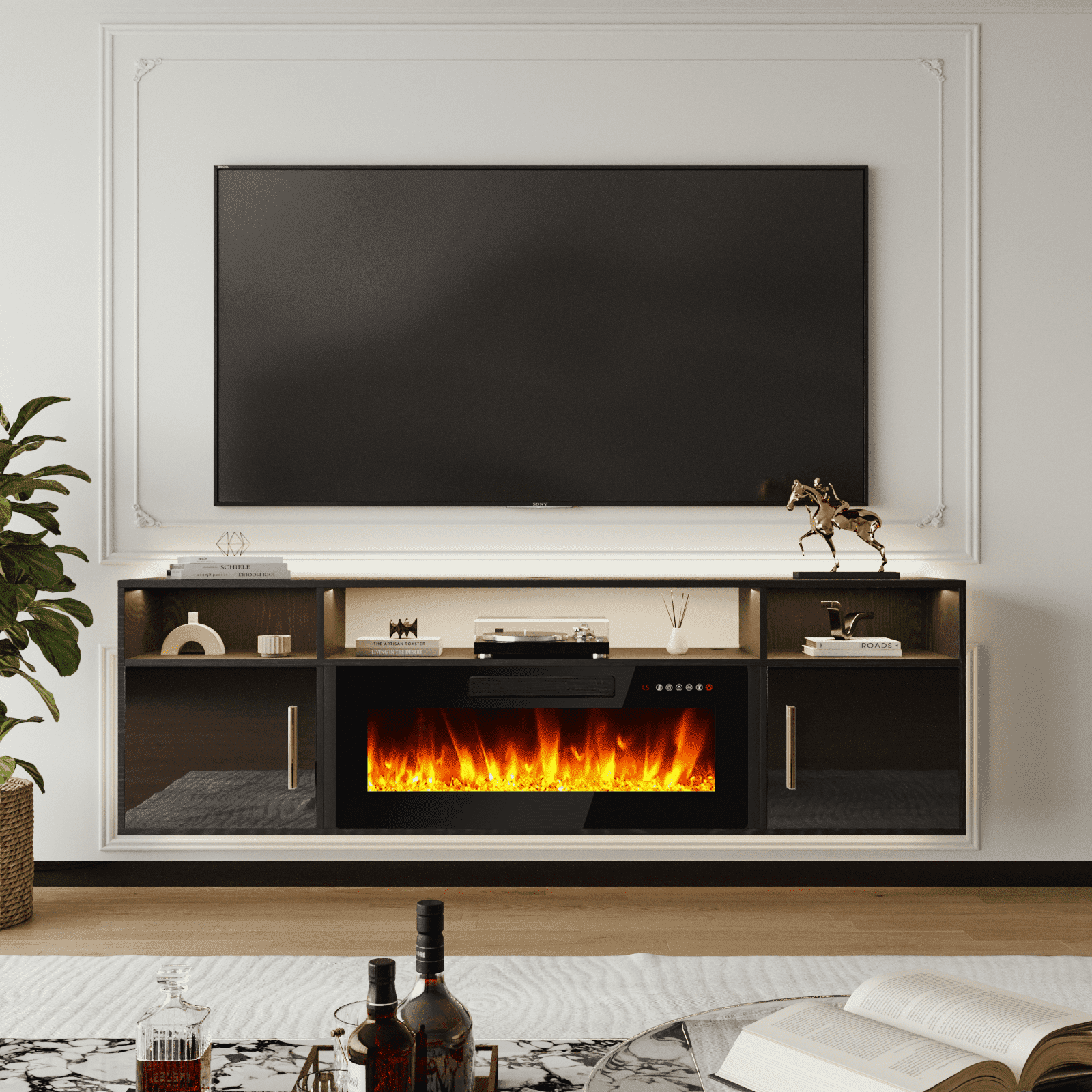 PUKAMI Floating Fireplace TV Stand 70'' Wall Mounted Shelf, LED Light ...