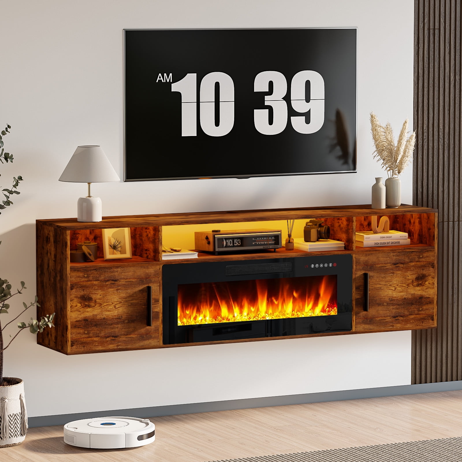 PUKAMI Floating Fireplace TV Stand 70'', Wall Mounted Entertainment ...