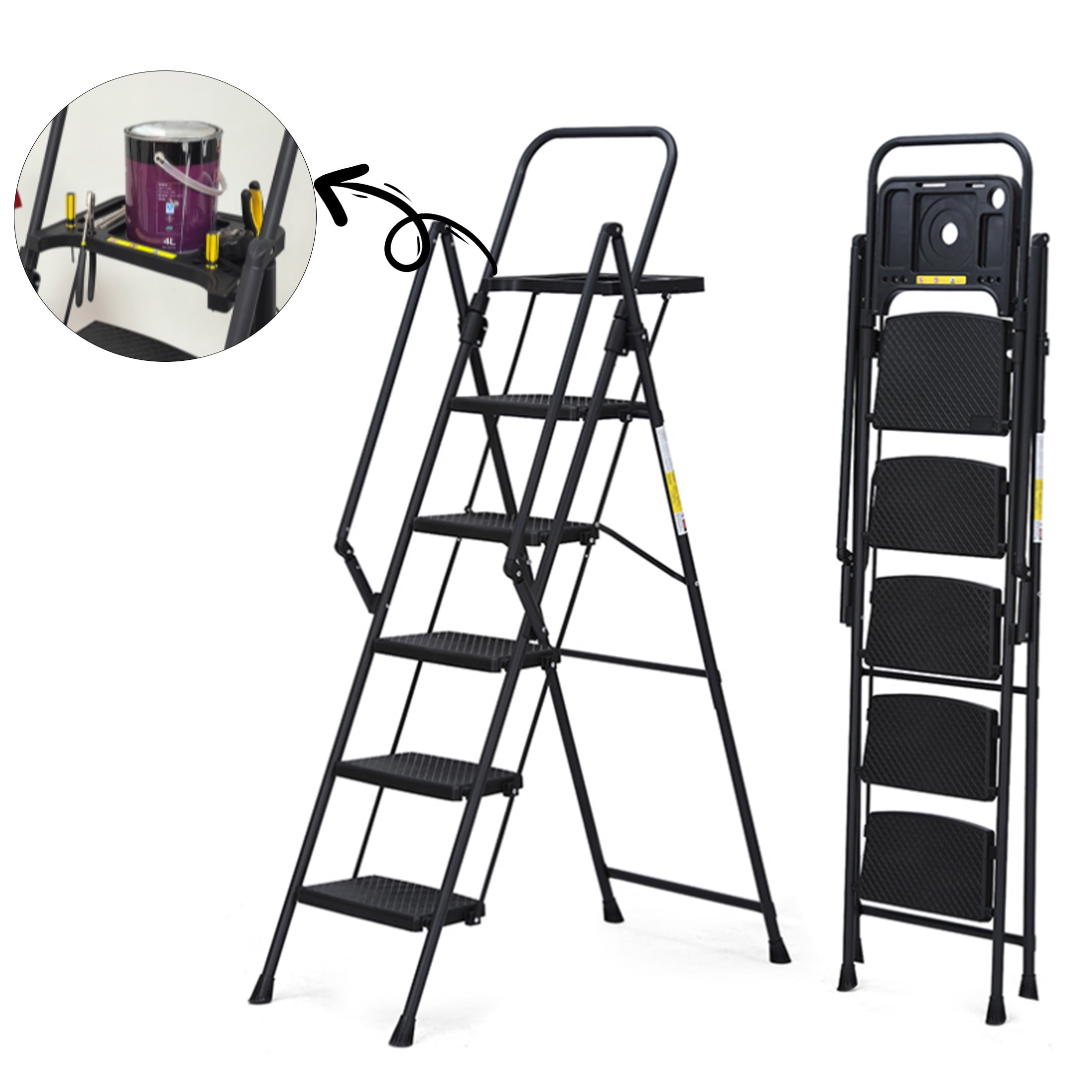 PUKNLY 5-Step Ladder with Tool Tray & Non-Slip Pedals - Foldable Steel ...