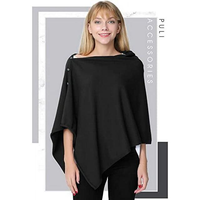 PULI Women's Versatile Knitted Scarf Poncho Sweater with Buttons Light ...